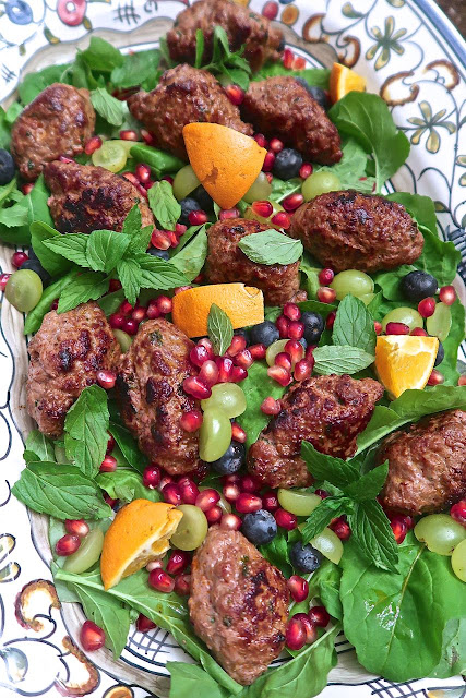 Scrumpdillyicious: Grilled Beef Kefta with Mint, Berries & Pomegranate
