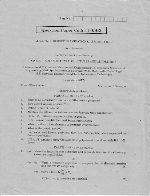 Anna University Cp 5151 Advanced Data Structures And Algorithms April May 2019 Question Paper