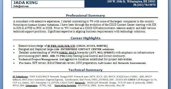 Sr. Contact Center Engineer Sample Resume Format in Word Free Download