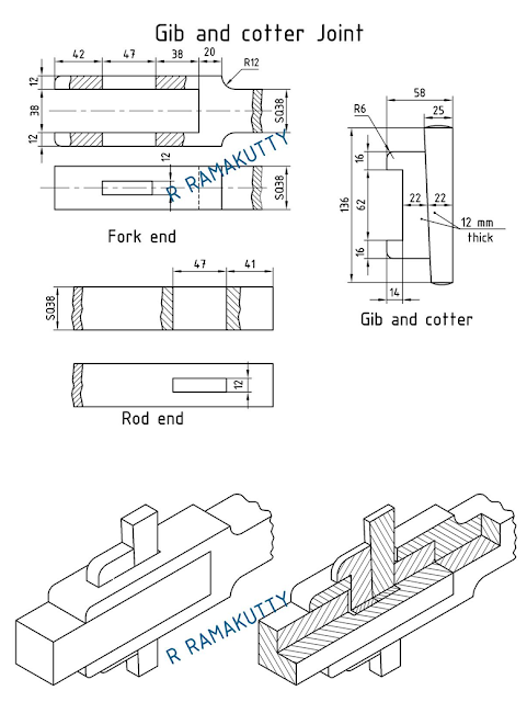Machine Drawing: Bushed Bearing and Gib and Cotter Joint