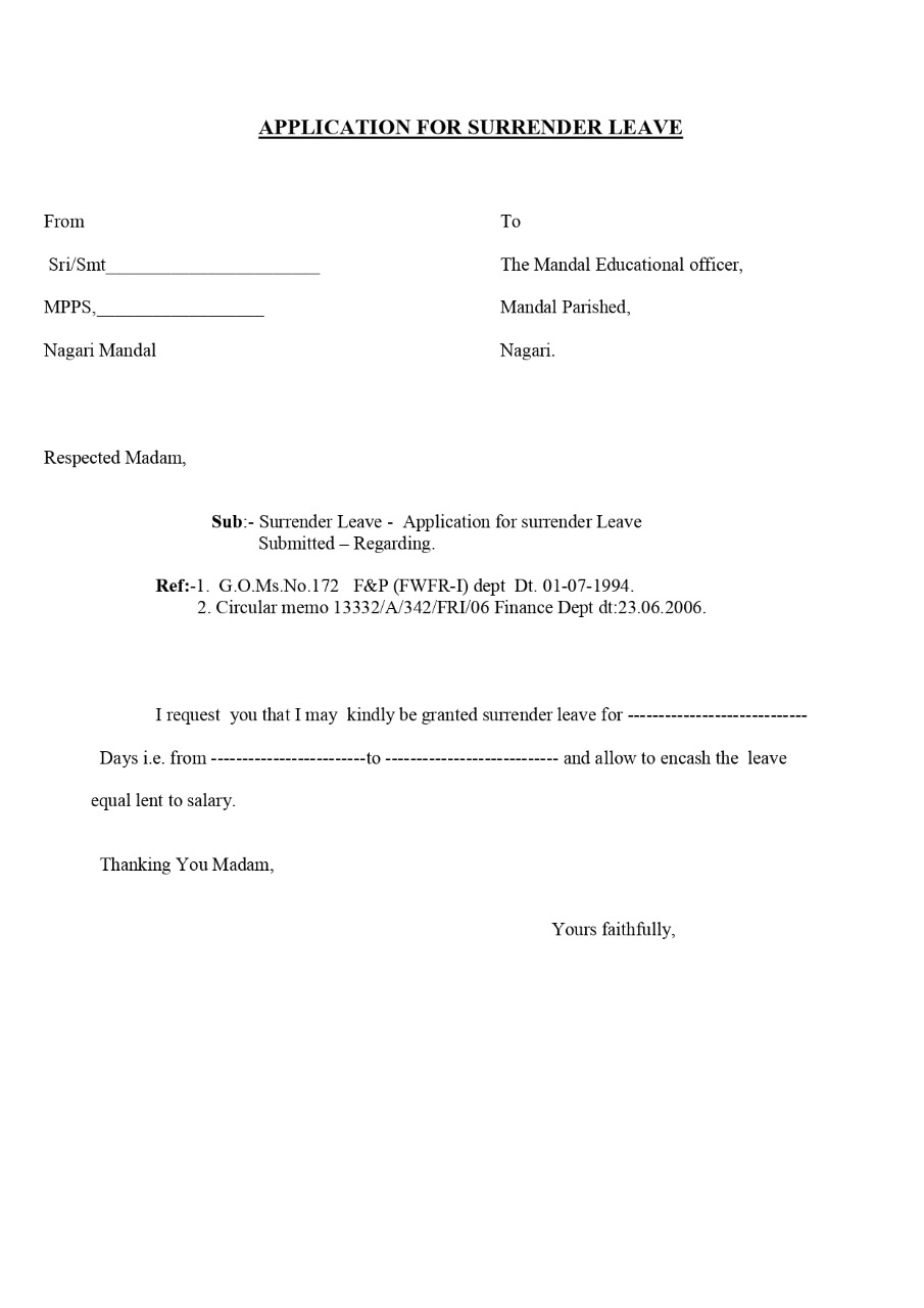 APPLICATION FOR SURRENDER LEAVE Andhra Teachers Teachers Job Related application-for-surrender-leave-andhra-teachers-teachers-job-related