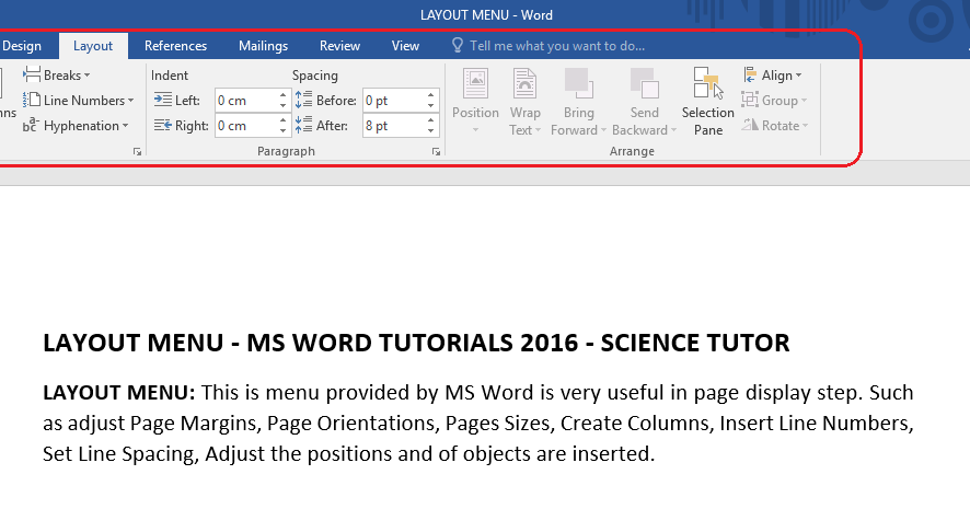LAYOUT MENU - MS WORD TUTORIALS 2016 - SCIENCE TUTOR