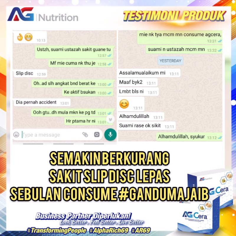 AG CERA | AG NUTRITION: Testimoni AG Cera Sakit Lutut dan Slip Disc