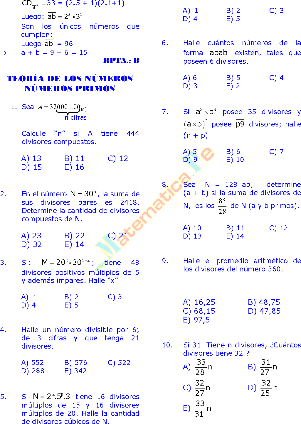 NÚMEROS PRIMOS EJERCICIOS RESUELTOS DE ARITMÉTICA PREUNIVERSITARIA EN PDF