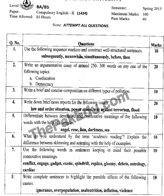 AIOU B.A Past Papers course code 1424 Read Online