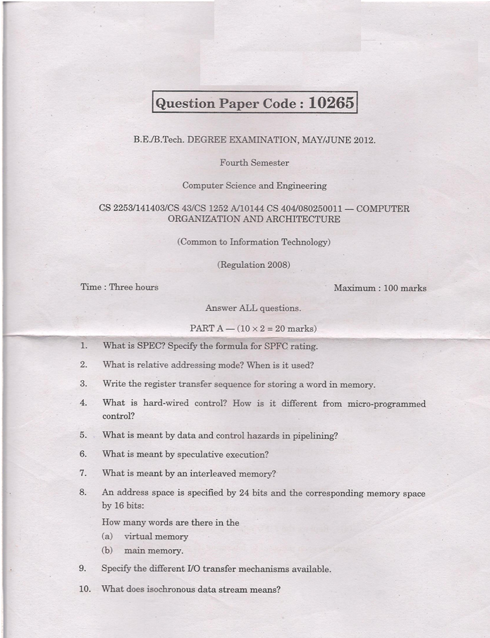 CS2253 Computer Organization and Architecture May June 2012 Question ...