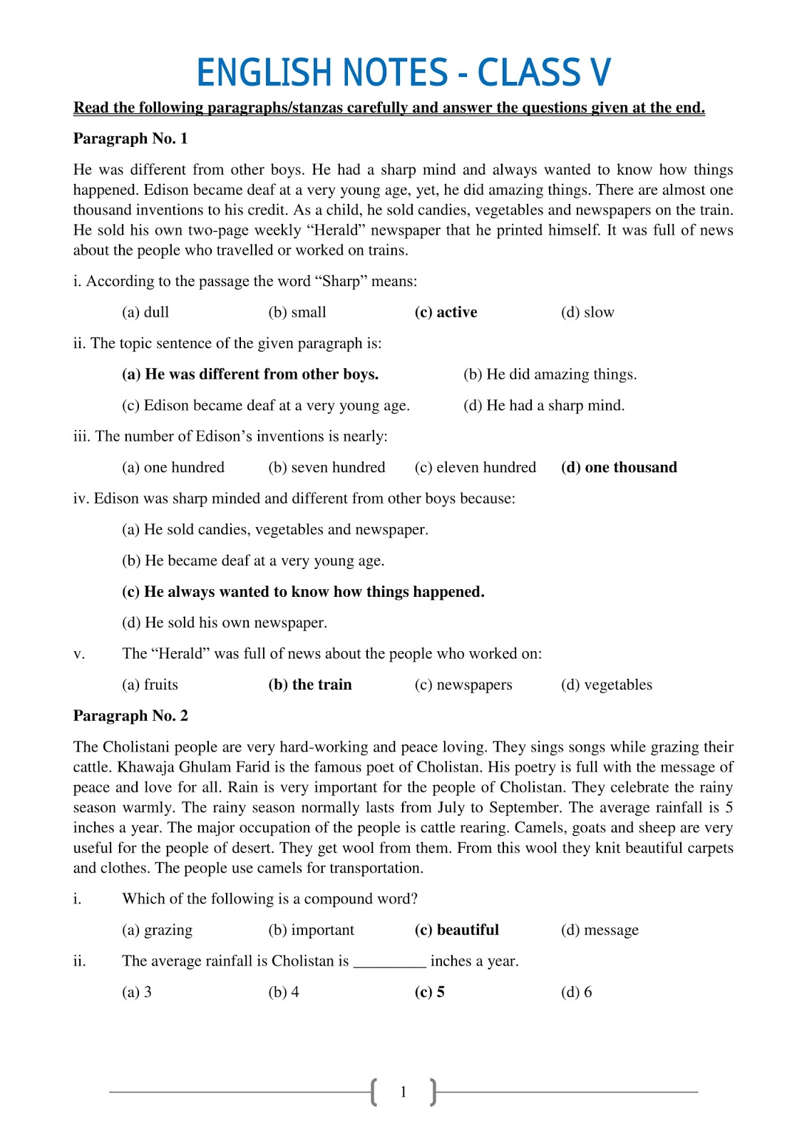 5th Class English Notes Full Download Easy Notes