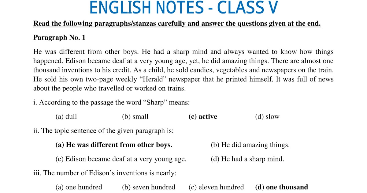 5th Class English Notes Full Download Easy Notes