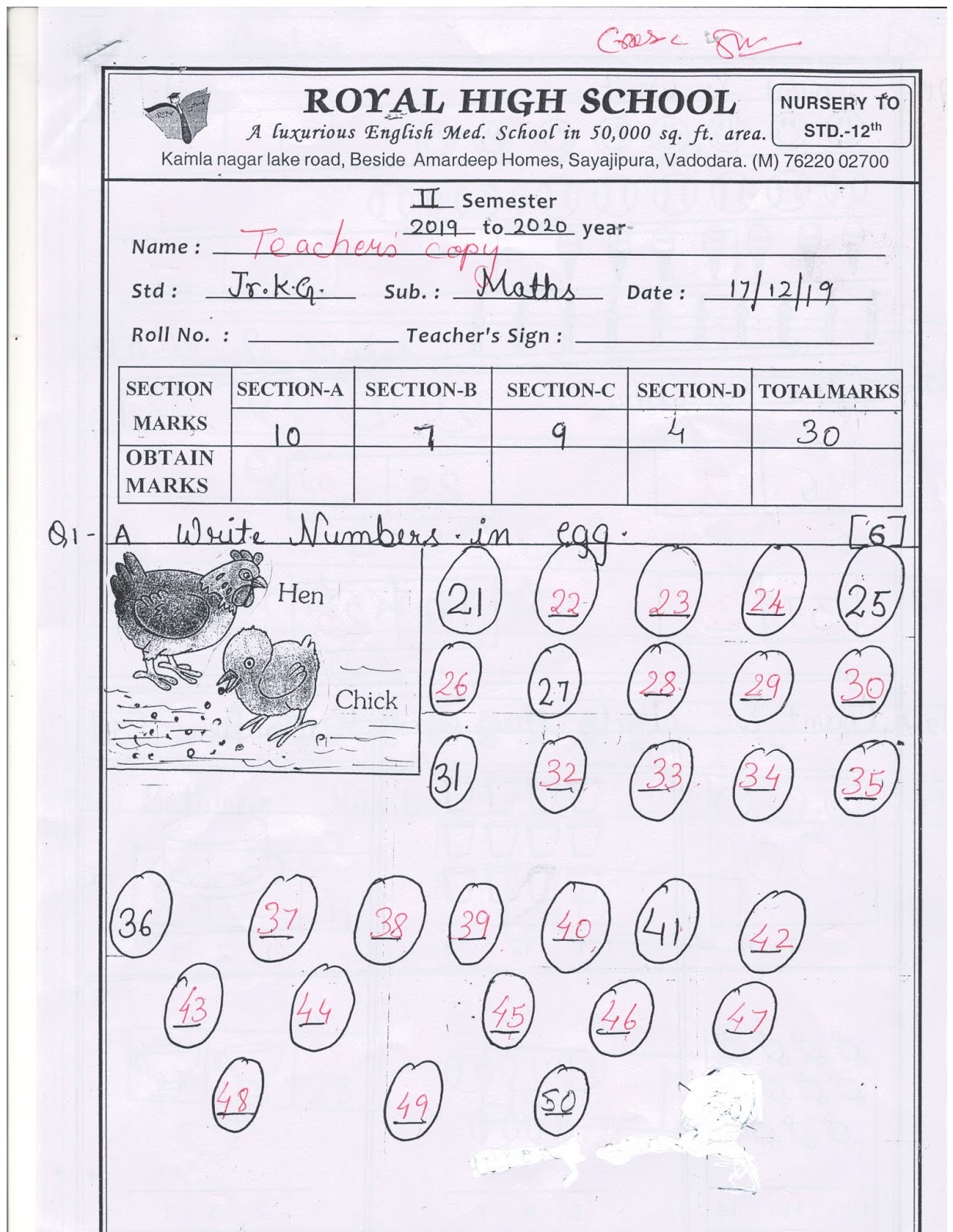Jr.Kg. DEC. Unit Test Paper MATHS 17.12.2019