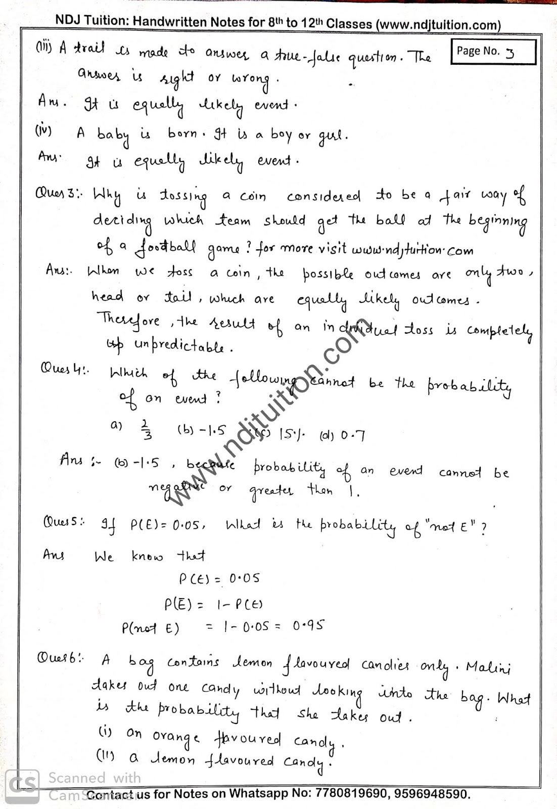 Probability Handwritten Notes for Class 10th Maths