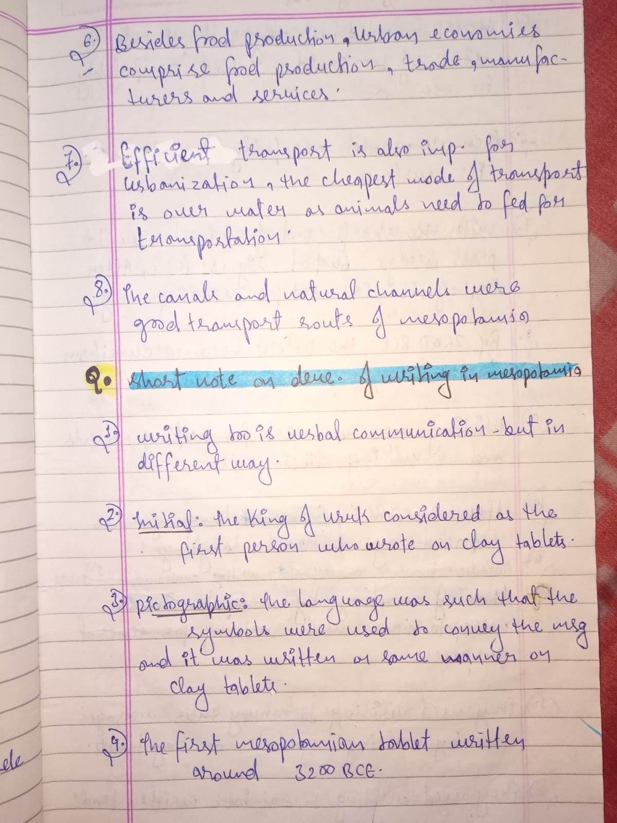 Handwritten Notes of Writing and City life - class 11th - History