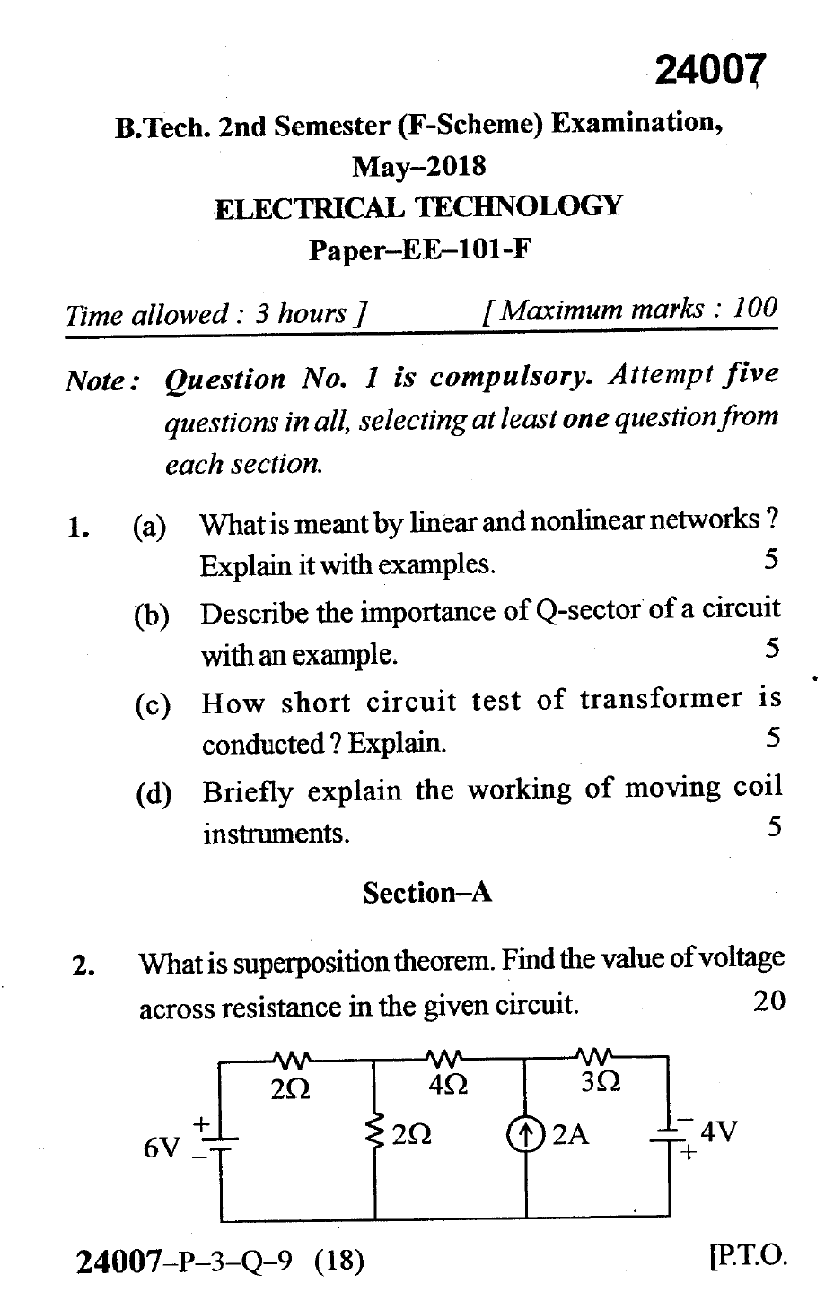 MDU B.Tech 2nd Semester Basics of Electrical Technology May 2018 ...