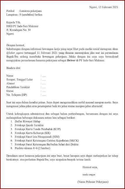 Contoh Surat Lamaran Kerja Untuk Driver Operasional (Fresh Graduate ...
