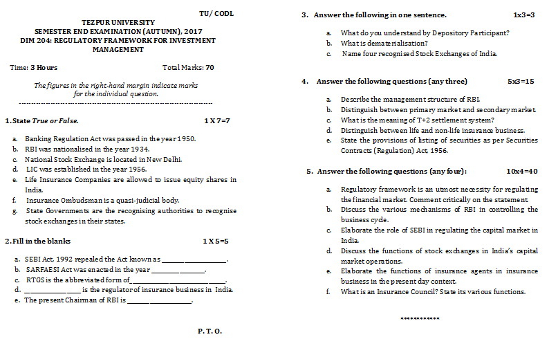 TEZPUR UNIVERSITY (TU/CODL) SEMESTER END DIM 204 : REGULATORY FRAMEWORK ...