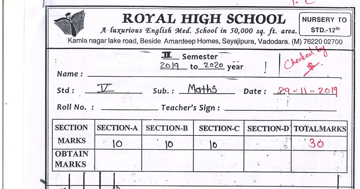 5th STD.Unit Test Paper- Maths
