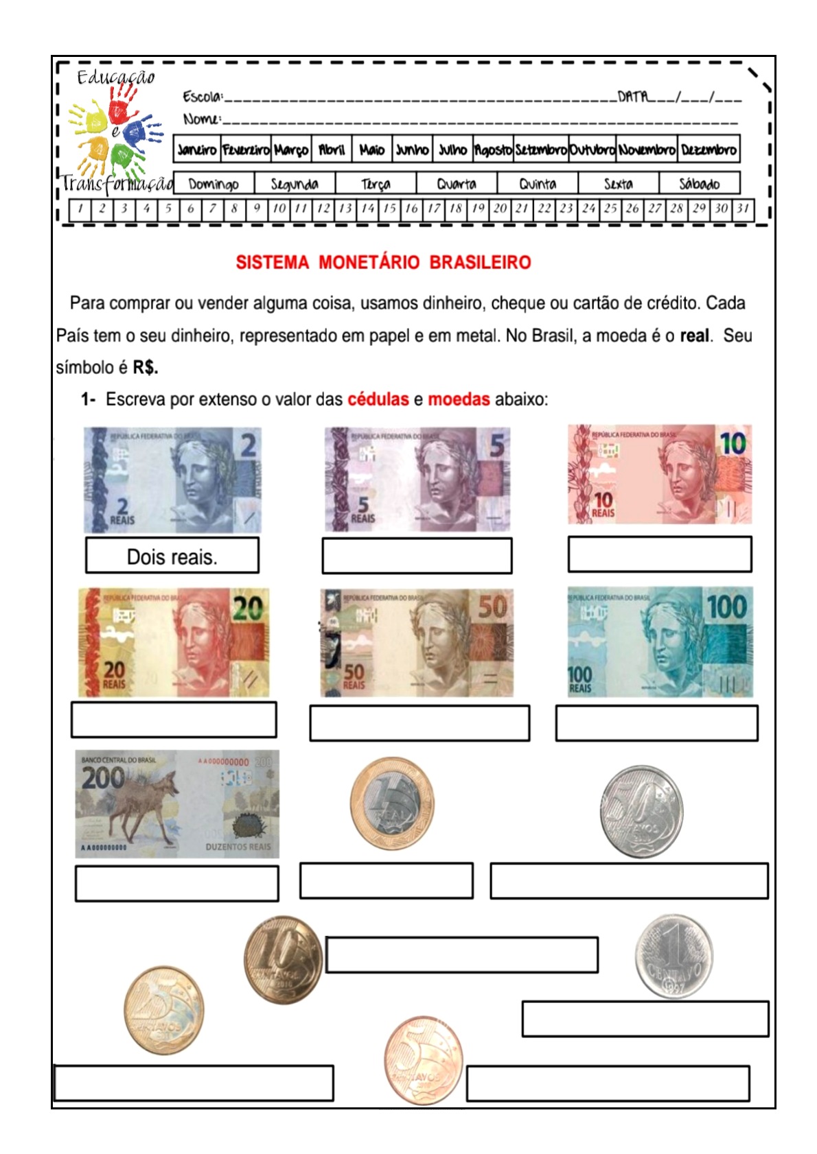 👍matemática Sistema Monetário Atividade De Matemática Para Trabalhar O