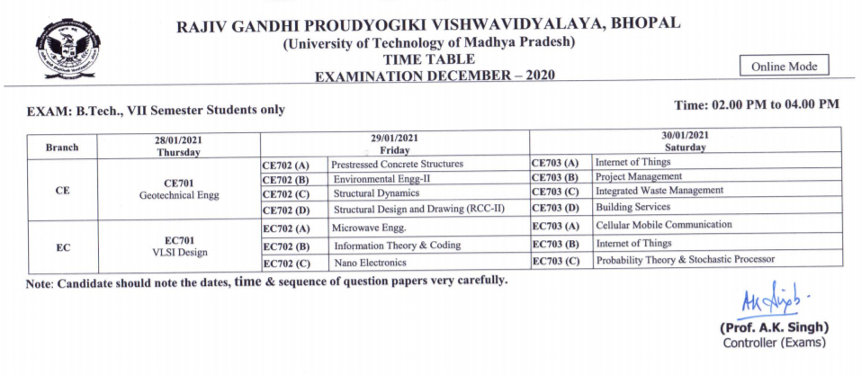 RGPV Examination Time Table: 2021