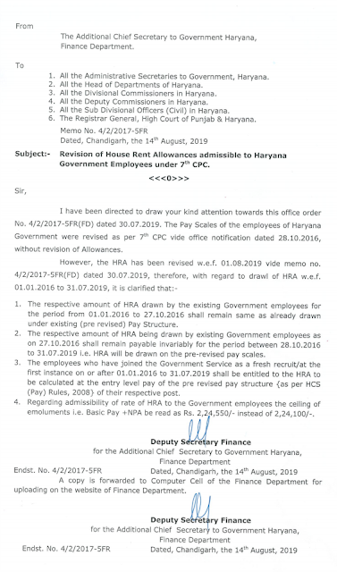 HRA new letter clarification - Teacher Haryana Education News