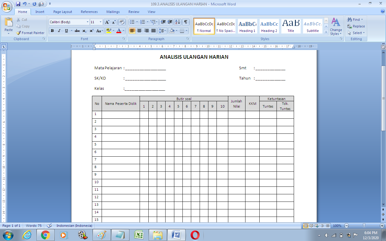 Contoh format analisis ulangan harian siswa - antapedia.com