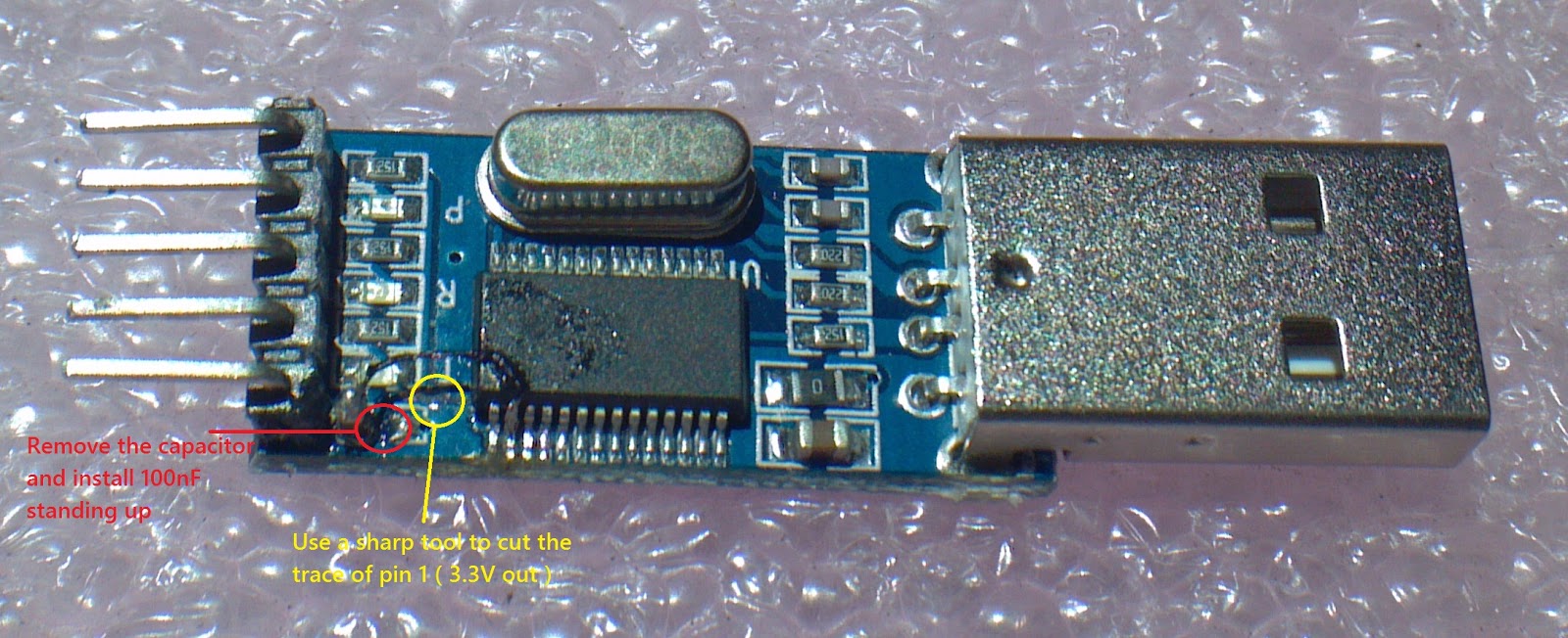 Adding DTR line to Arduino PL2303 USB to TTL programmer: Modifications