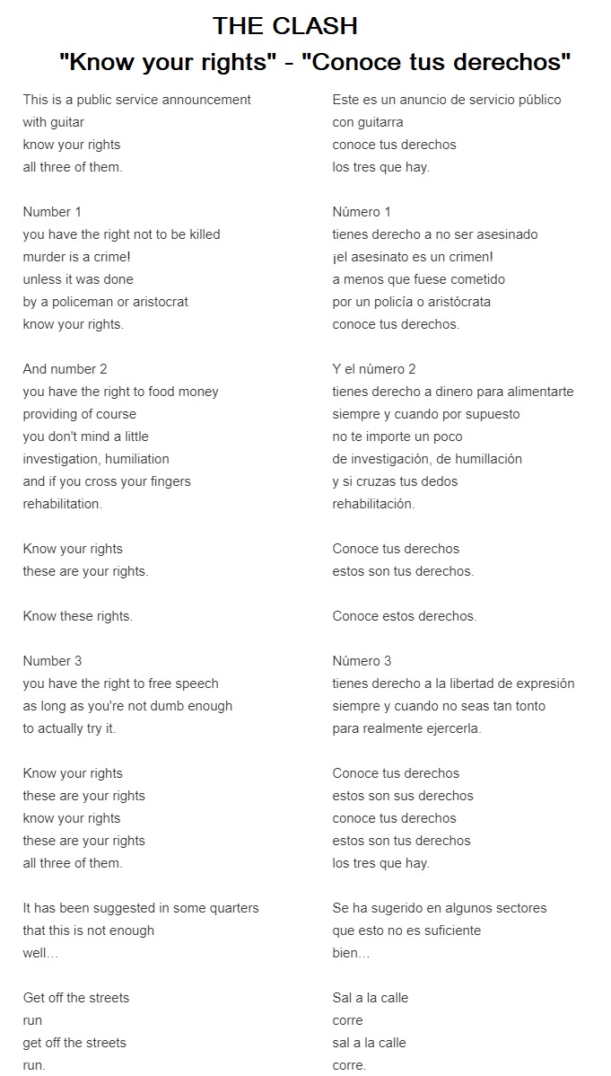 Cuestionatelotodo: Know your rights. Conoce tus derechos (The Clash)