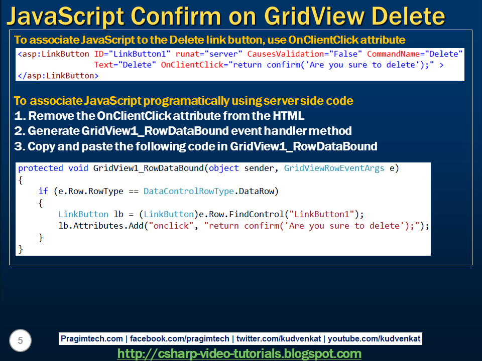 Sql Server Net And C Video Tutorial Javascript Confirm On Gridview