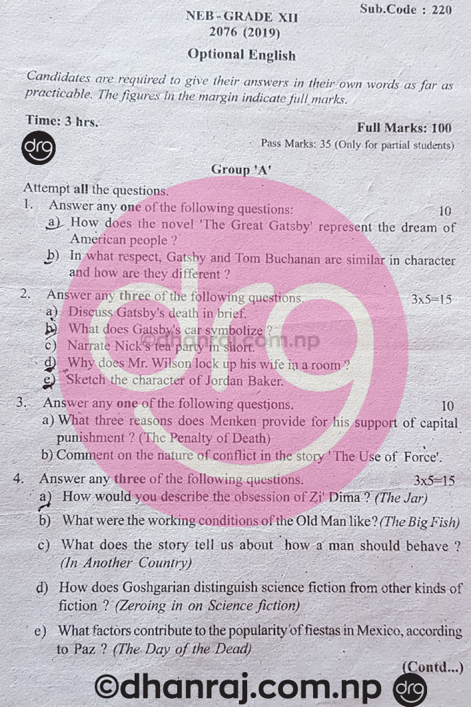 Optional English | Class 12 | Question Paper 2076 [2019] | Sub Code ...