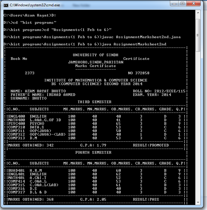 Simple Marksheet Program in java