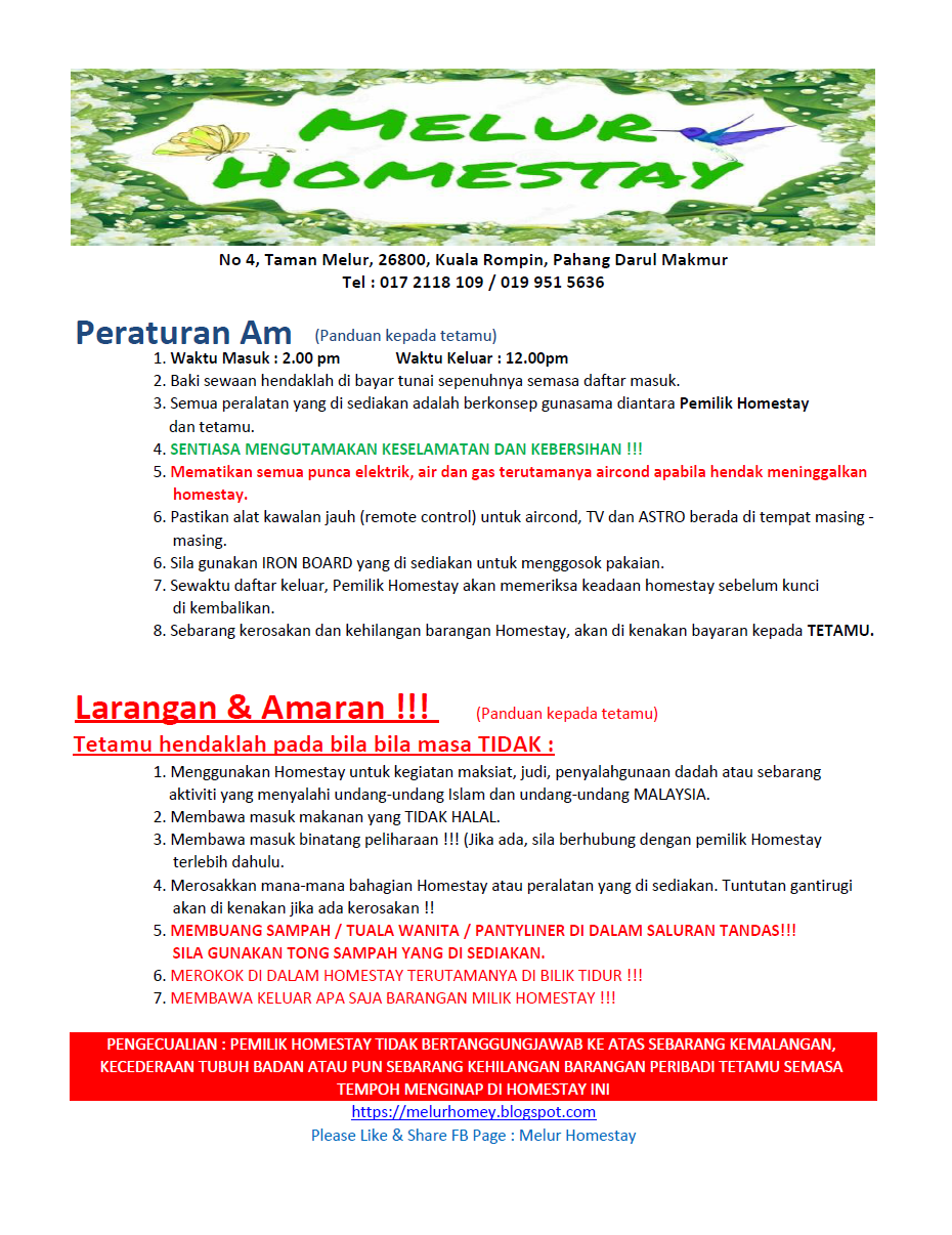 Borang Penginapan & Peraturan di Melur Homestay | Melur Homestay ...
