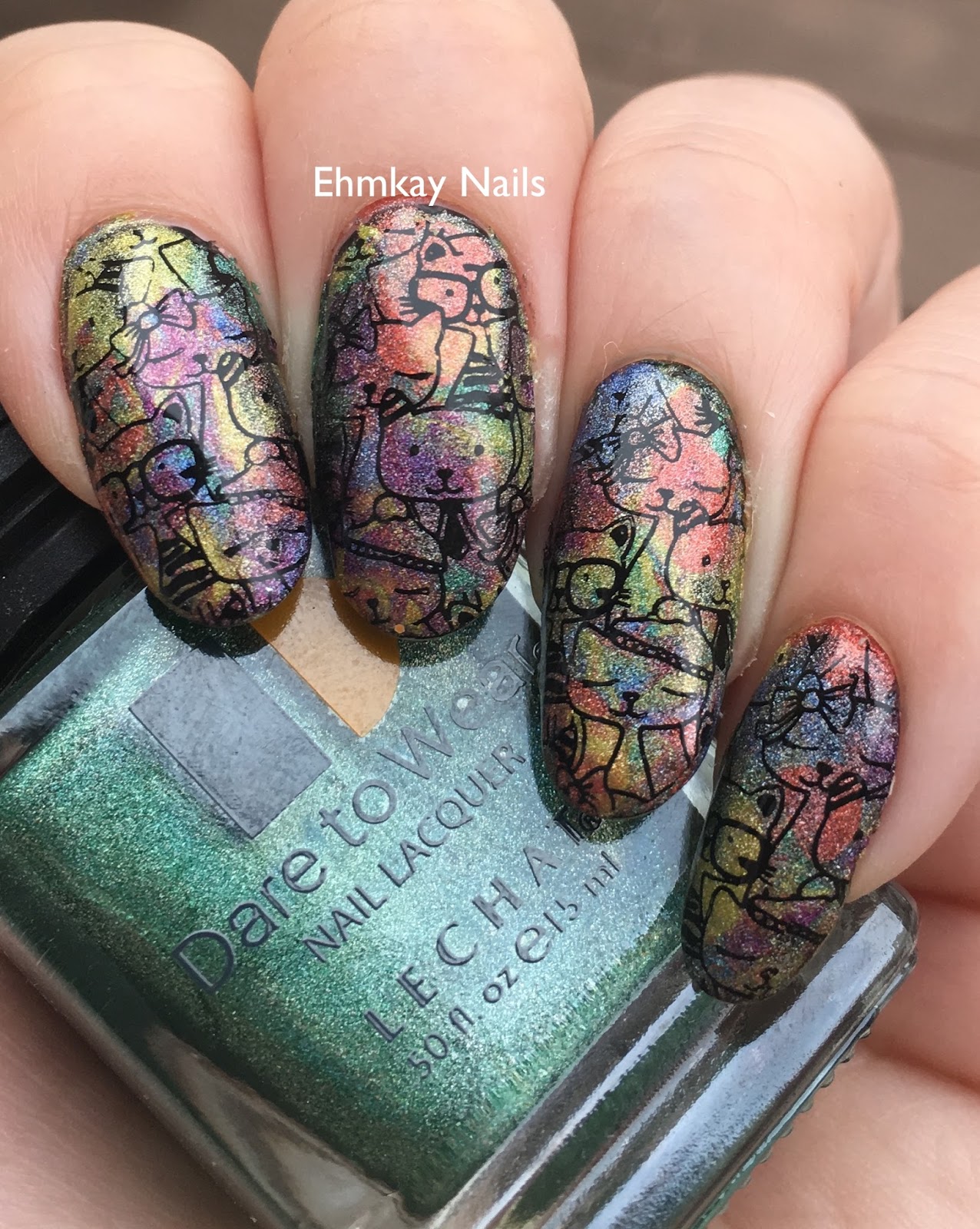 ehmkay nails: Born Pretty Cat Plate over Holo Rainbow Smoosh Mani