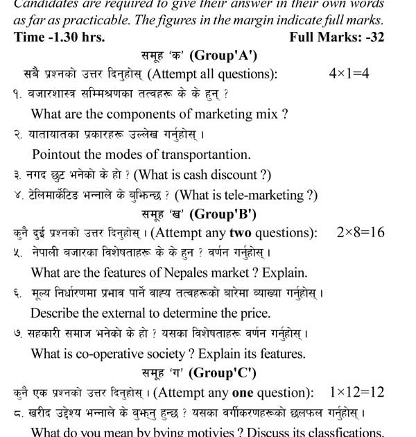 NEB Grade 12 Marketing Model Questions