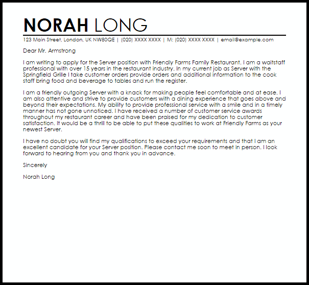 Server Cover Letter Examples 2018 ~ Resume Letter