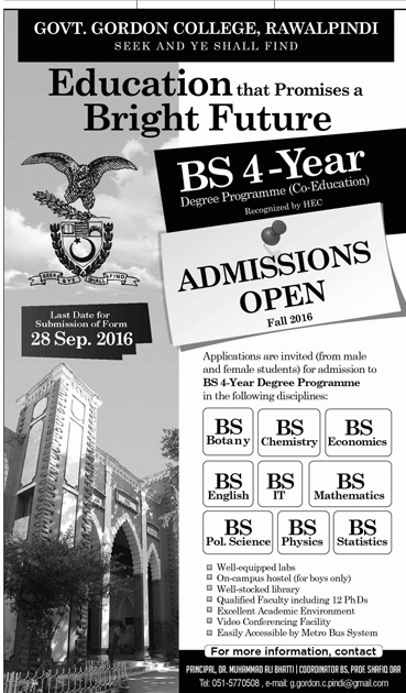 Admissions Open in Govt Gordon College Rawalpindi for BS 4 Years ...
