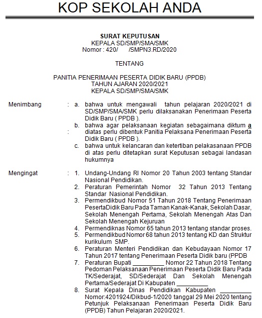 SK Panitia PPDB 2020-2021 Format Word SD SMP SMA - Info Pendidikan Terbaru