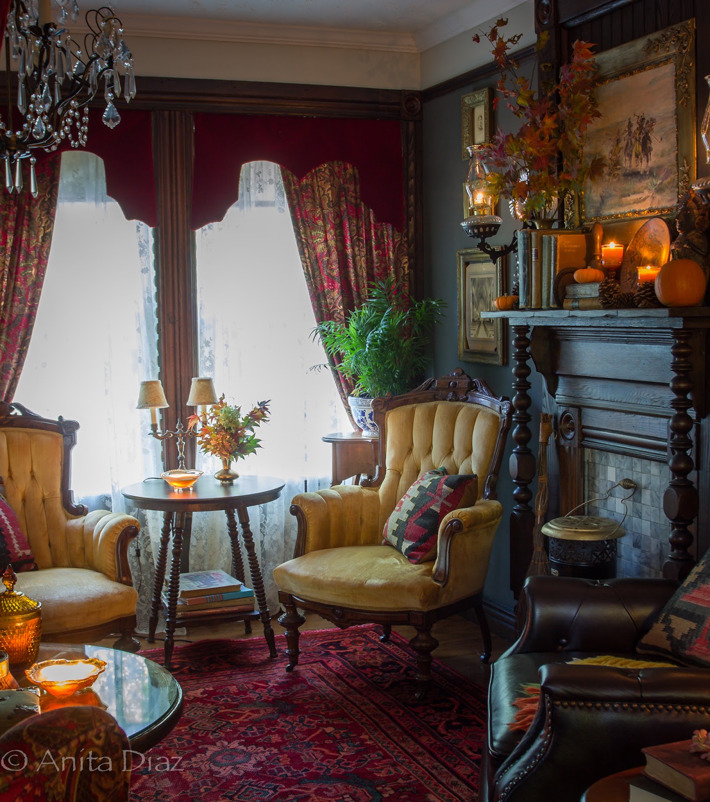 Fall in the Victorian-inspired parlor - Whispering Pines Homestead