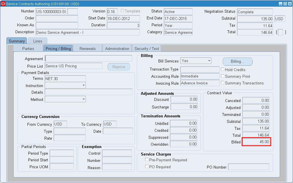 Oracleappsnfusion Oracle Service Contracts Part V Billing A Contract