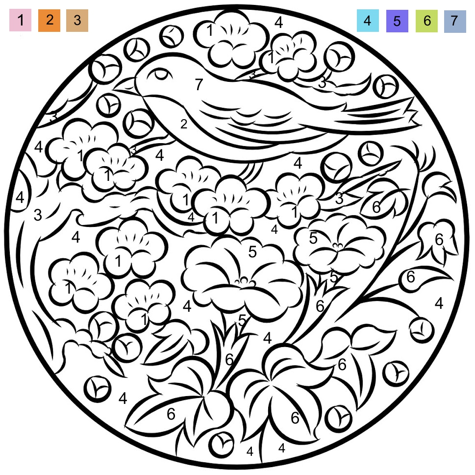 Nicole's Free Coloring Pages: COLOR BY NUMBERS - SPRING FLOWER & BIRD ...