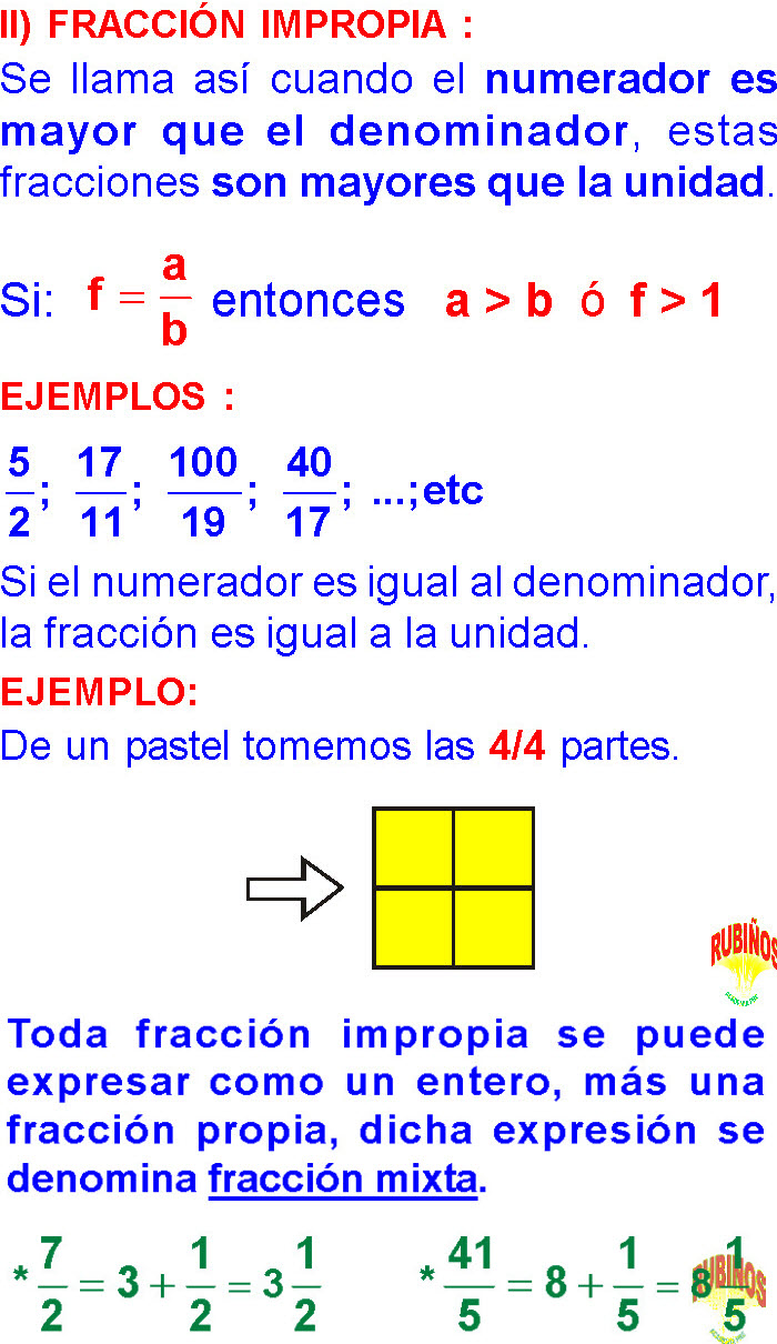 FRACCIONES IMPROPIAS - EJEMPLOS - Y QUÉ ES UNA FRACCION MIXTA