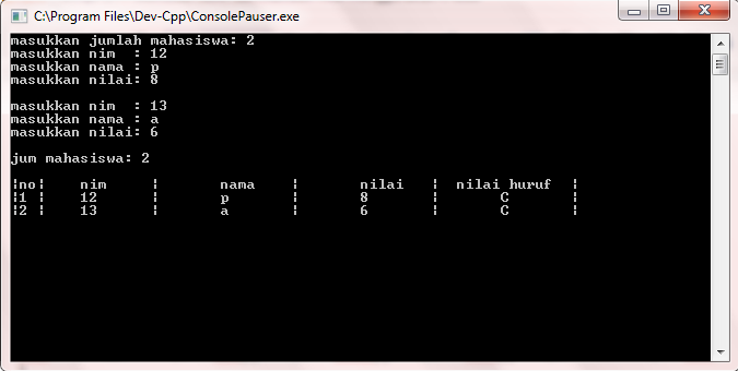 Script C++ Membuat table dan memberi nilai menggunakan if else