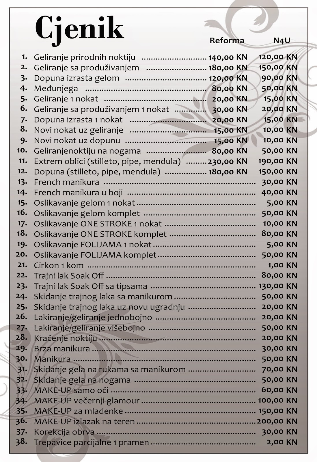 ARTISTIC, Nails & Beauty Studio: CJENIK USLUGA