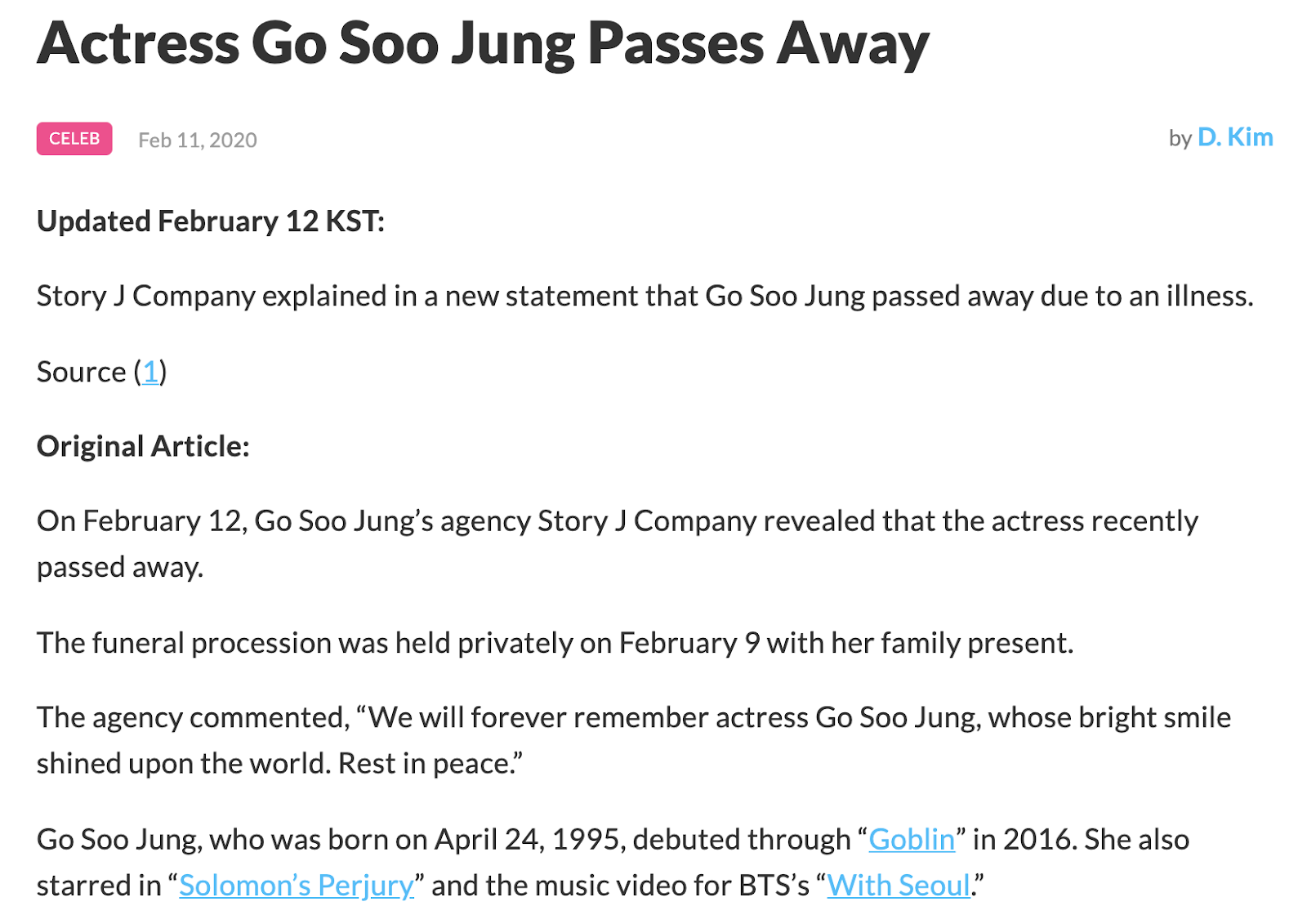 Korean actress Go Soo-Jung dead at 25, February 7, 2020, the 38th day ...