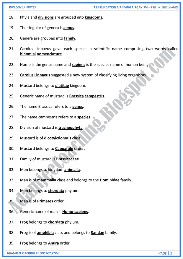 Adamjee Coaching: Classification Of Living Organism - Fill In The ...