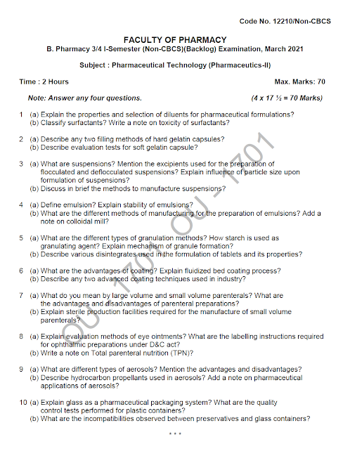 Osmania University B. Pharmacy 3/4 I- Semester (NON-CBCS) (Backlog ...
