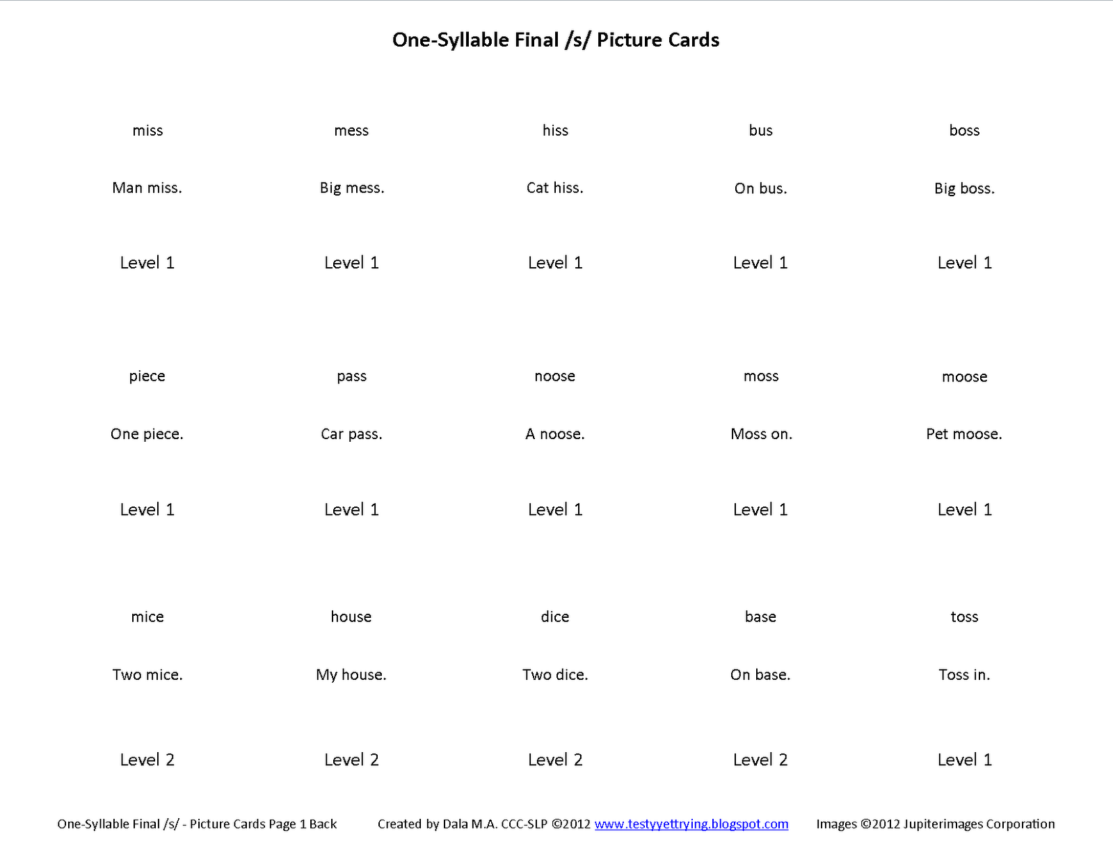 Testy yet trying: Final S: Free Speech Therapy Articulation Picture Cards