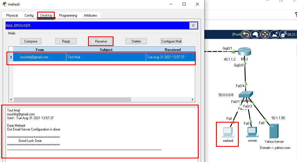 Email Server Configuration in Packet Tracer