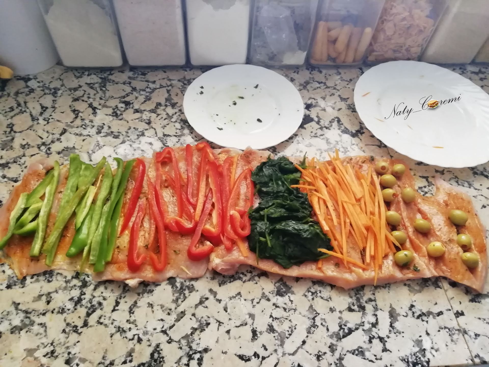 Lomo relleno de vegetales.