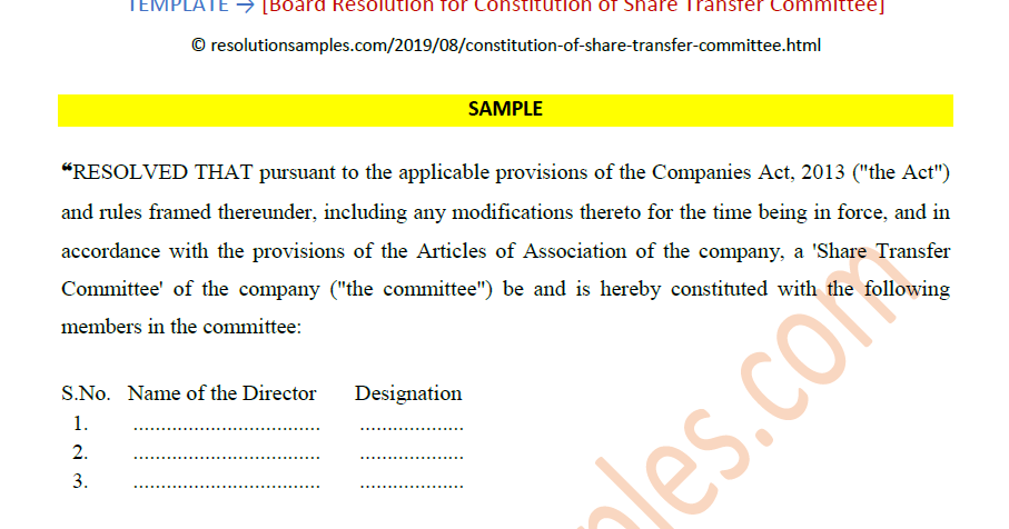 Board Resolution for Constitution of Share Transfer Committee