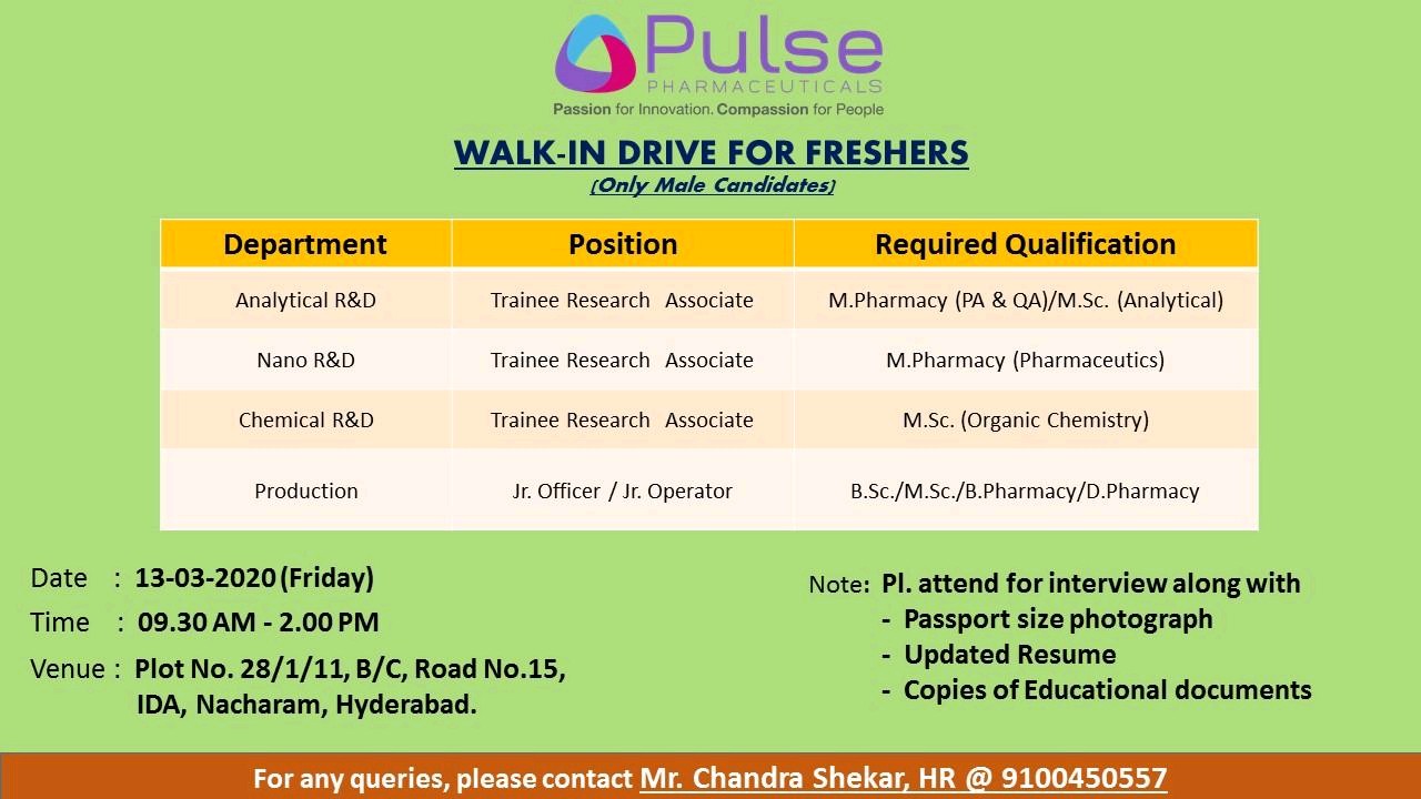 Pulse Pharma | Walk-in for Freshers on 13 Mar 2020 at Hyderabad