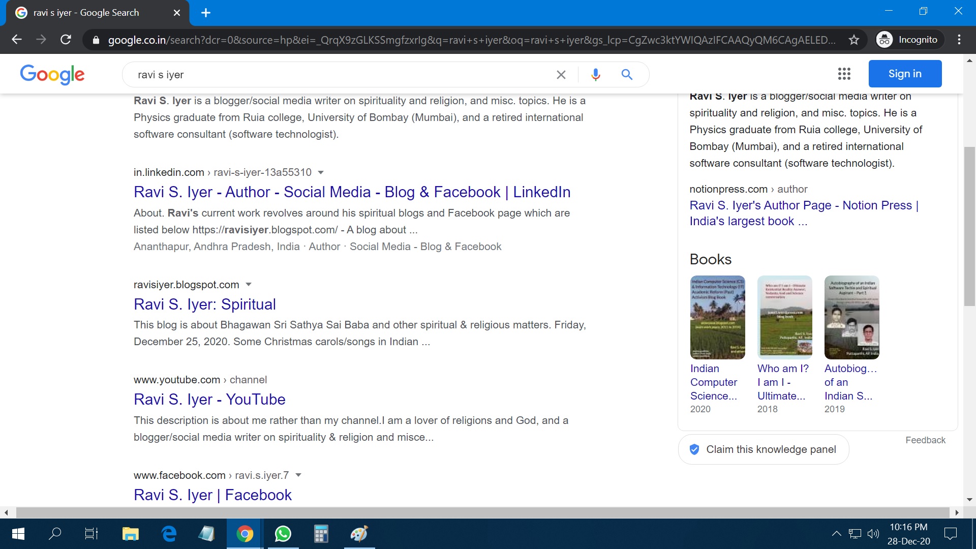 Google Knowledge Panel for my name - Ravi S. Iyer - now has my profile pic (from 1990s)