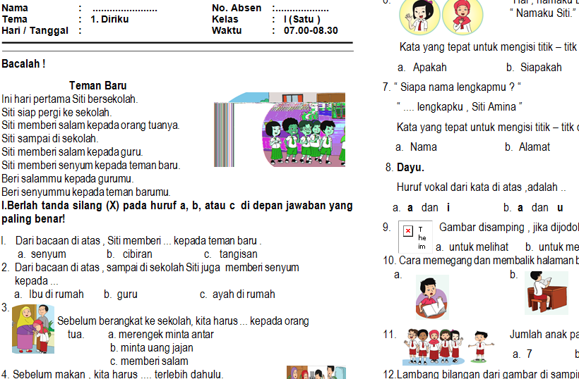 Download Soal PAS/UAS Kelas 1 Semester 1 Kurikulum 2013 (Tema 1: Diriku) - Mariyadi.com